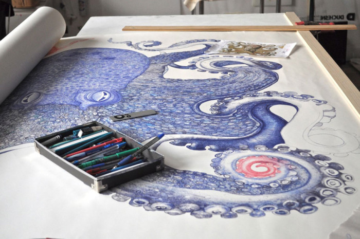 Giant Octopus Drawn Using Only Discarded Ballpoint Pens | DeMilked