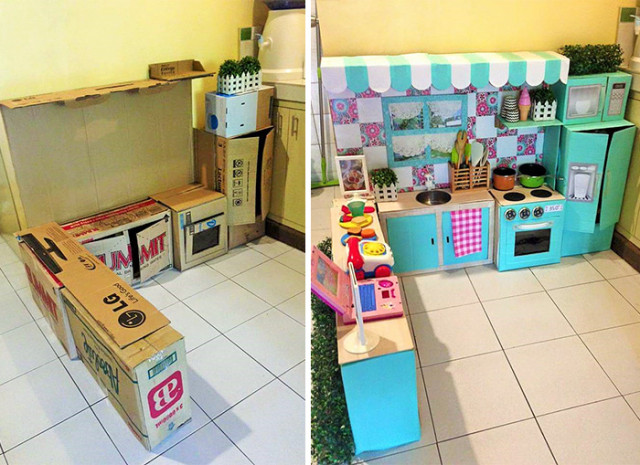 This Mom Upcycled Cardboard Boxes Into A Mini Kitchen For Her Daughter ...