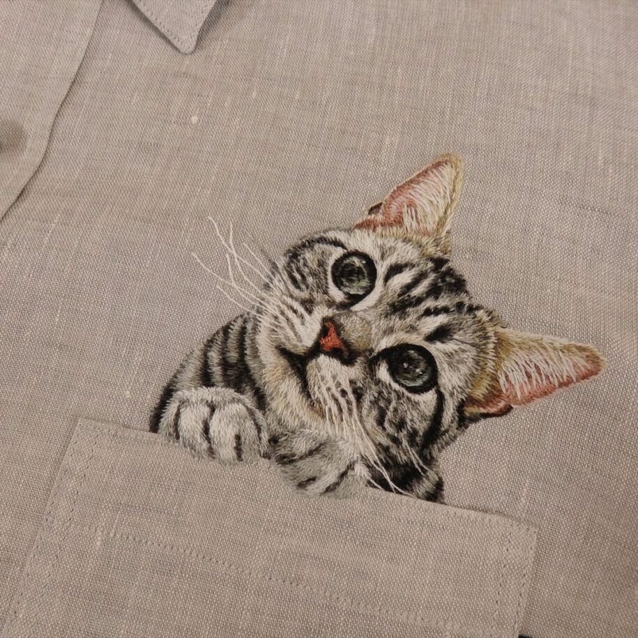 10 Times This Artist Created Cat Embroideries Peeping Out Of Shirt ...