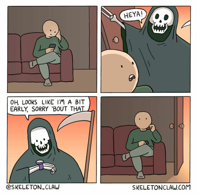 20 Dark Humor Comics With Twisted Endings, As Illustrated By Skeleton ...
